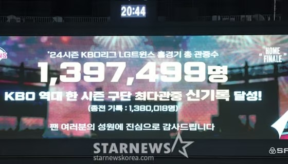 LG, KBO 최초 대기록 '쾌거'... 롯데 넘고 최다 관중 '139만' 신기록